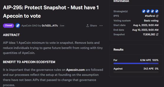 The ApeCoin community's proposal that "at least 1 APE must be held to ...