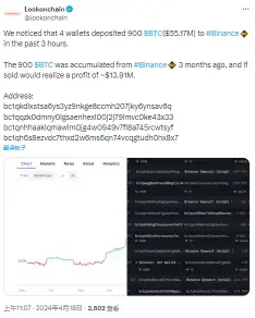 4 wallets deposited 900 BTC to Binance in the past 3 hours - ChainCatcher