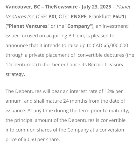 Planet Ventures 拟通过可转债融资 500 万加元增持 BTC - ChainCatcher